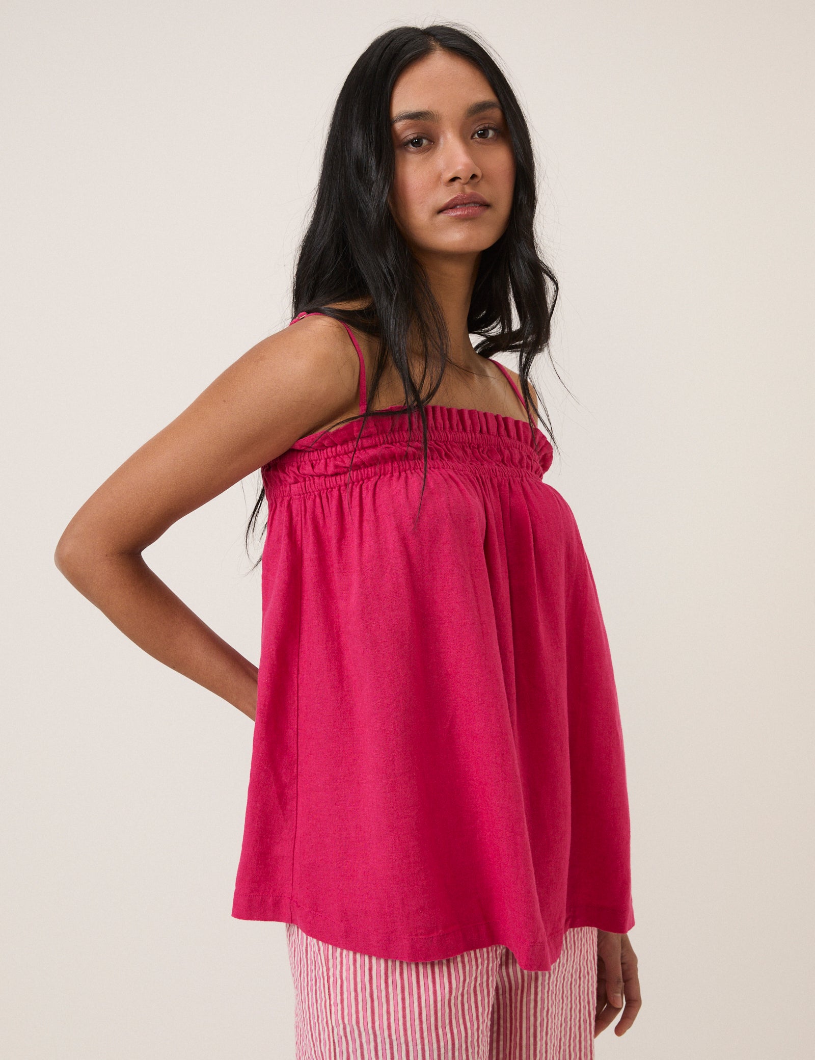 Pink Linen-blend Ruched Bandeau Top