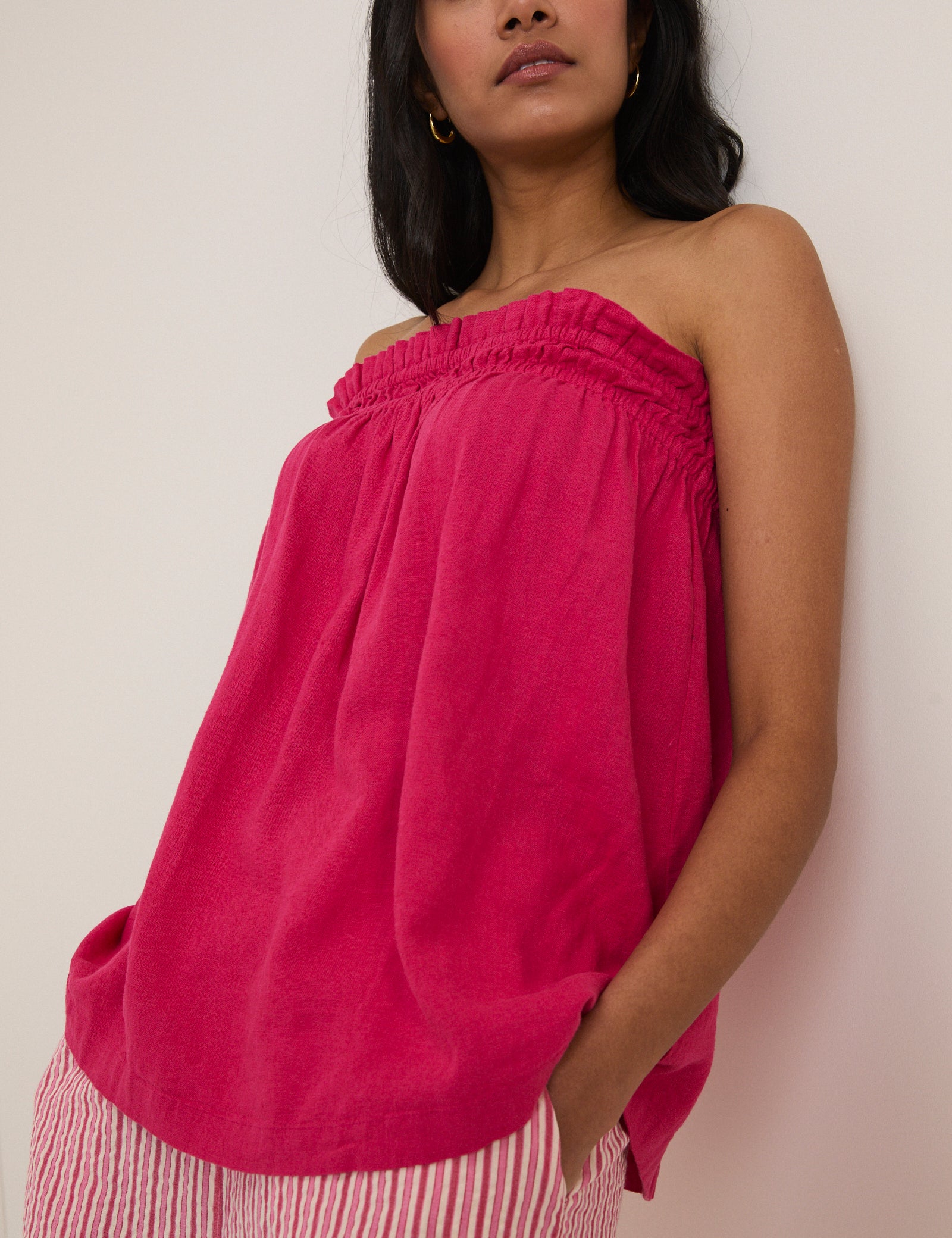 Pink Linen-blend Ruched Bandeau Top