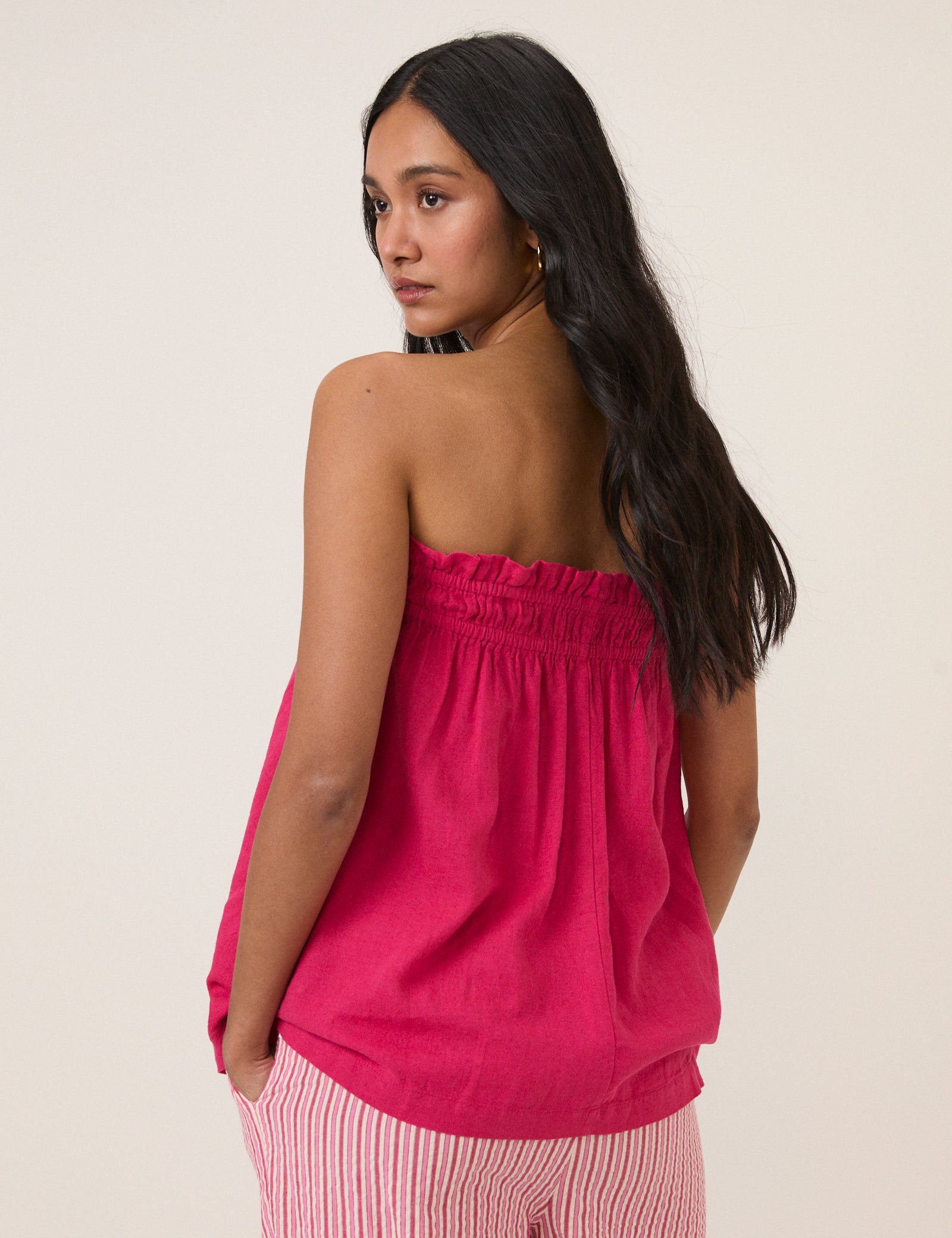 Pink Linen-blend Ruched Bandeau Top