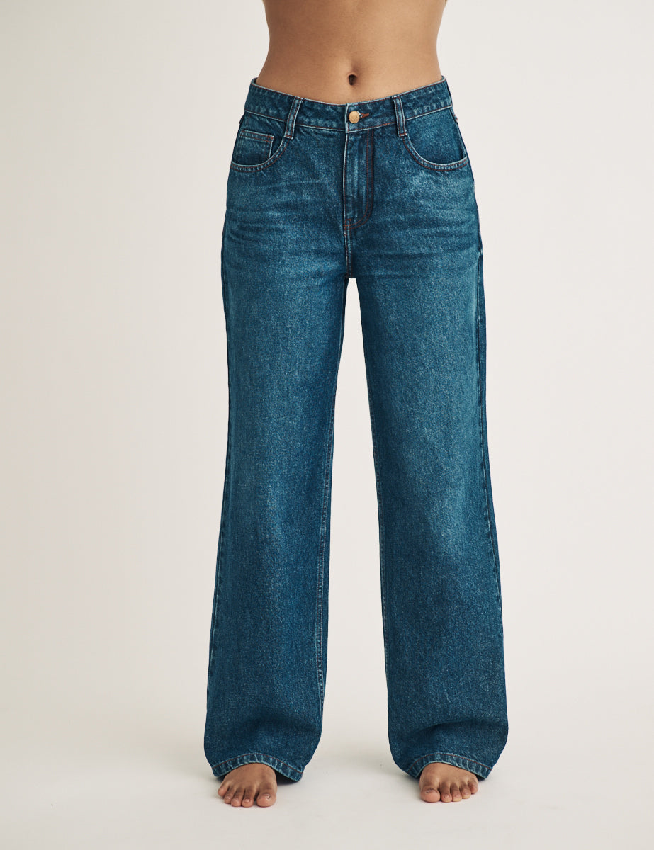 Mid Wash Denim High Rise Wide Leg Jeans
