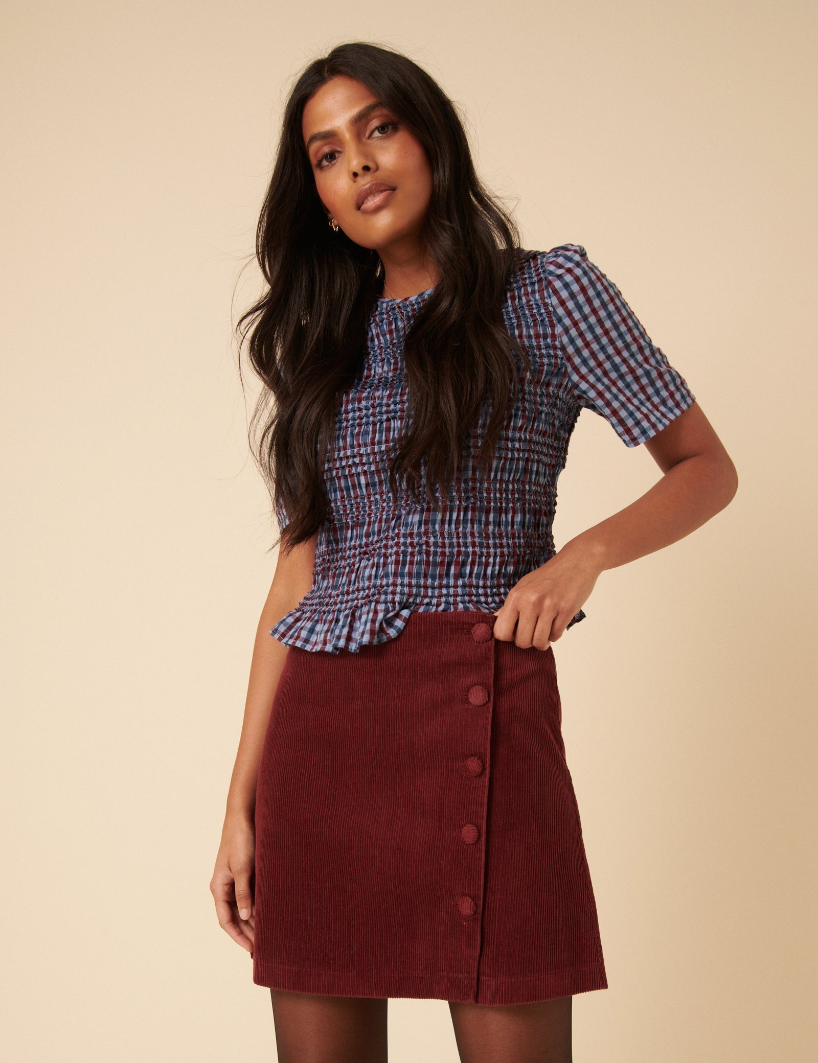 Burgundy Cord Asymmetric Mini Skirt