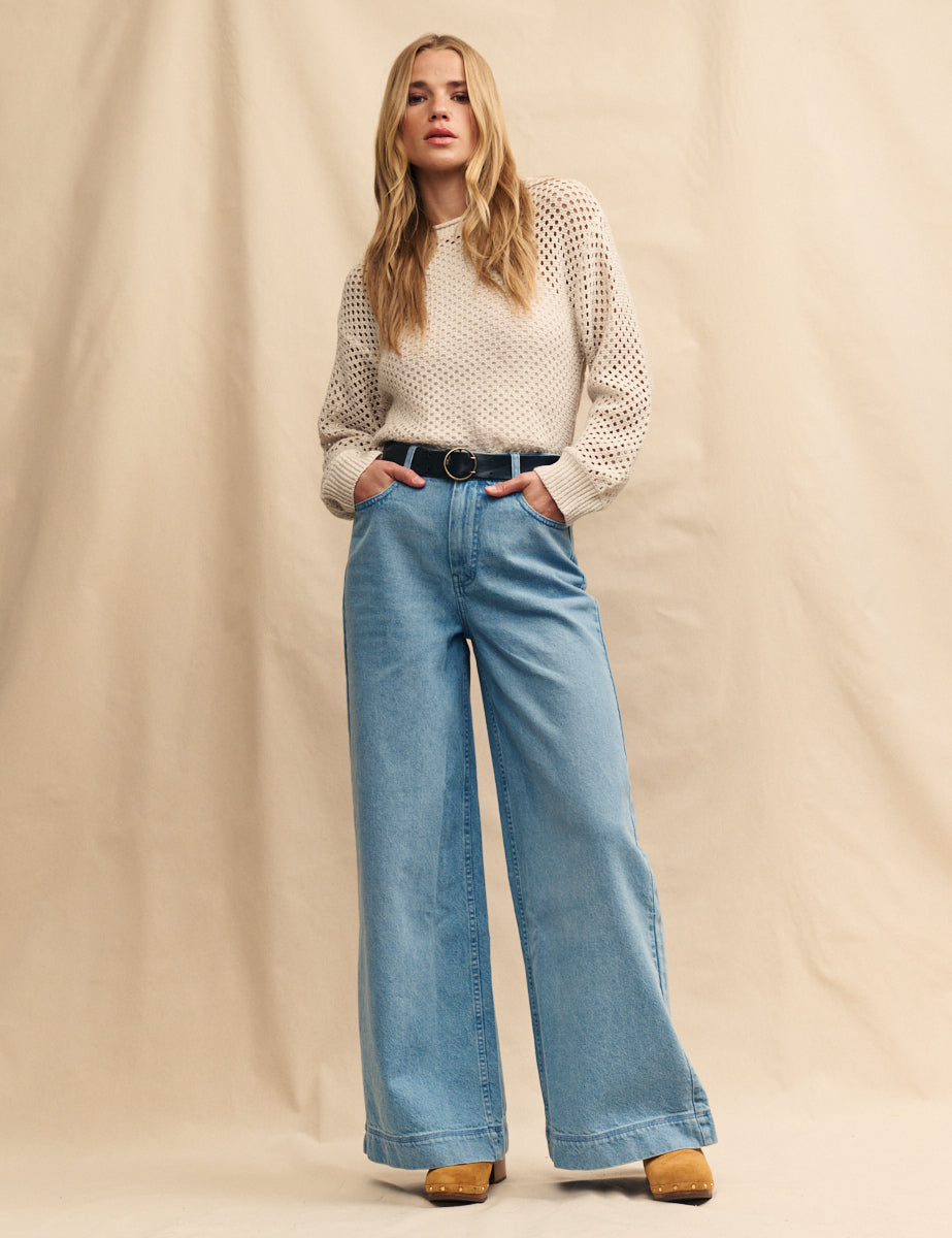 White Mesh Stitch Knitted Jumper